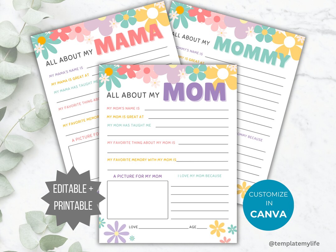 All About My Mom Printable Mothers Day Gift Idea Mom Thank You Gift ...