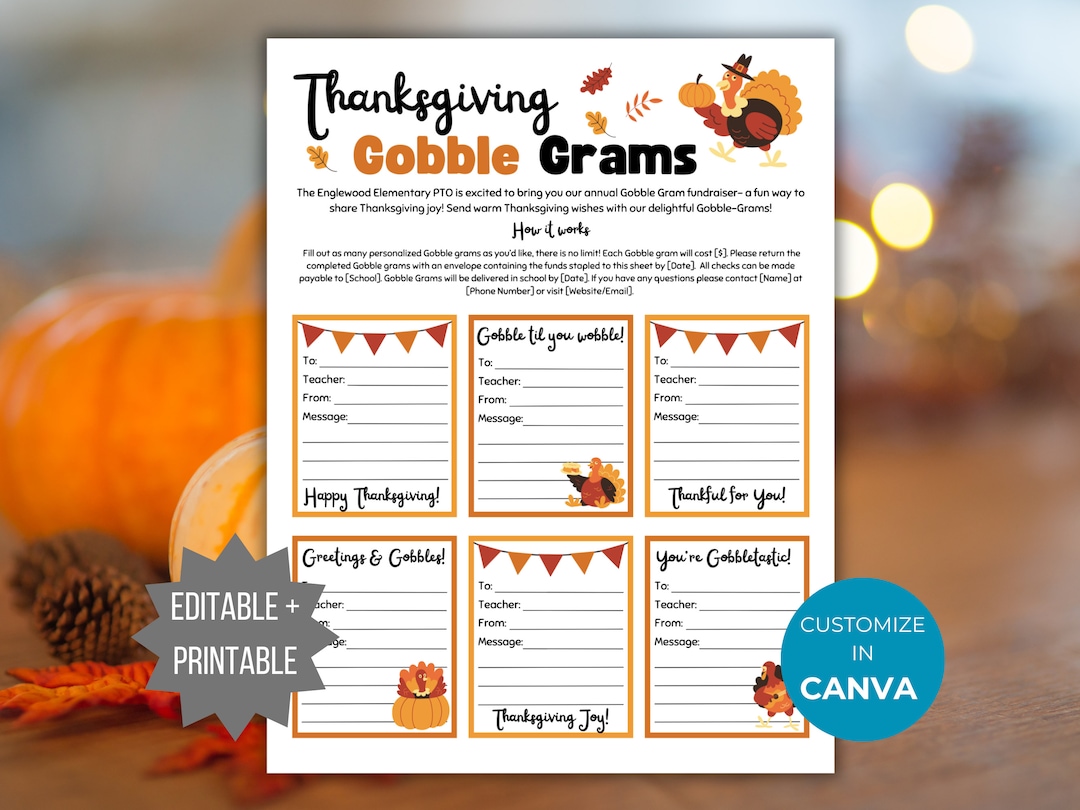 Thanksgiving Gobble Gram Flyer PTO Template Turkey Gram Printable ...