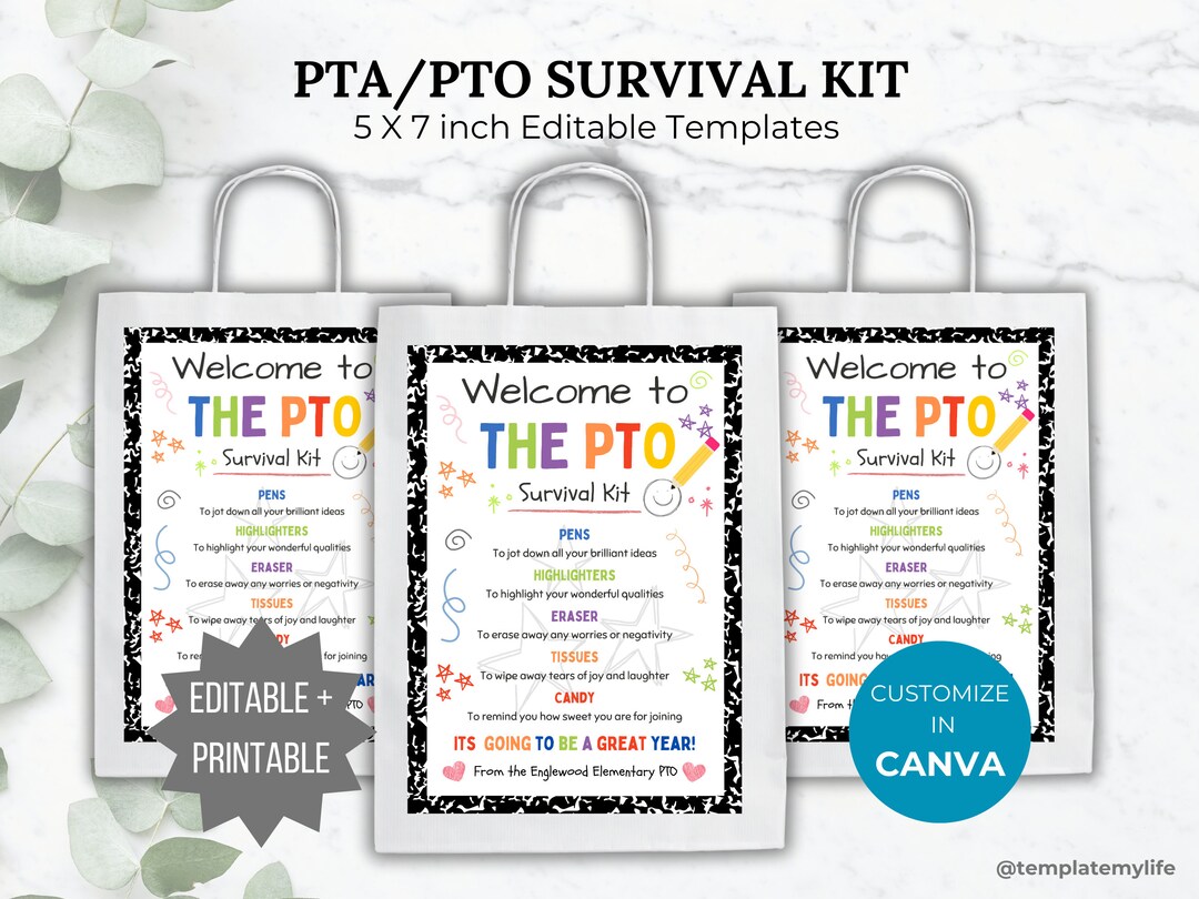 PTA Survival Kit Template Join the PTO Gift Bag Printable Welcome to ...