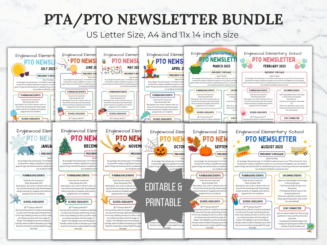 PTA PTO NEWSLETTER Flyer Editable Template Bundle Monthly Classroom ...