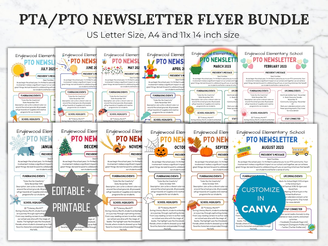 PTA PTO NEWSLETTER Flyer Editable Template Bundle Monthly Classroom ...