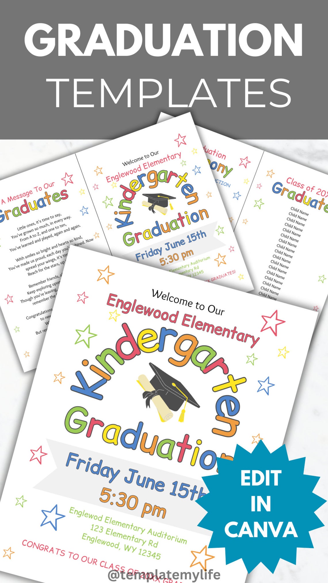 Editable Kindergarten Graduation Program Template Commencement Program ...