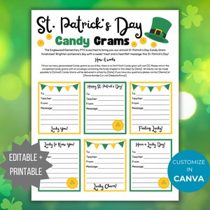 St Patricks Day Candy Gram Flyer PTO Template St Patty Day Lucky Gram ...