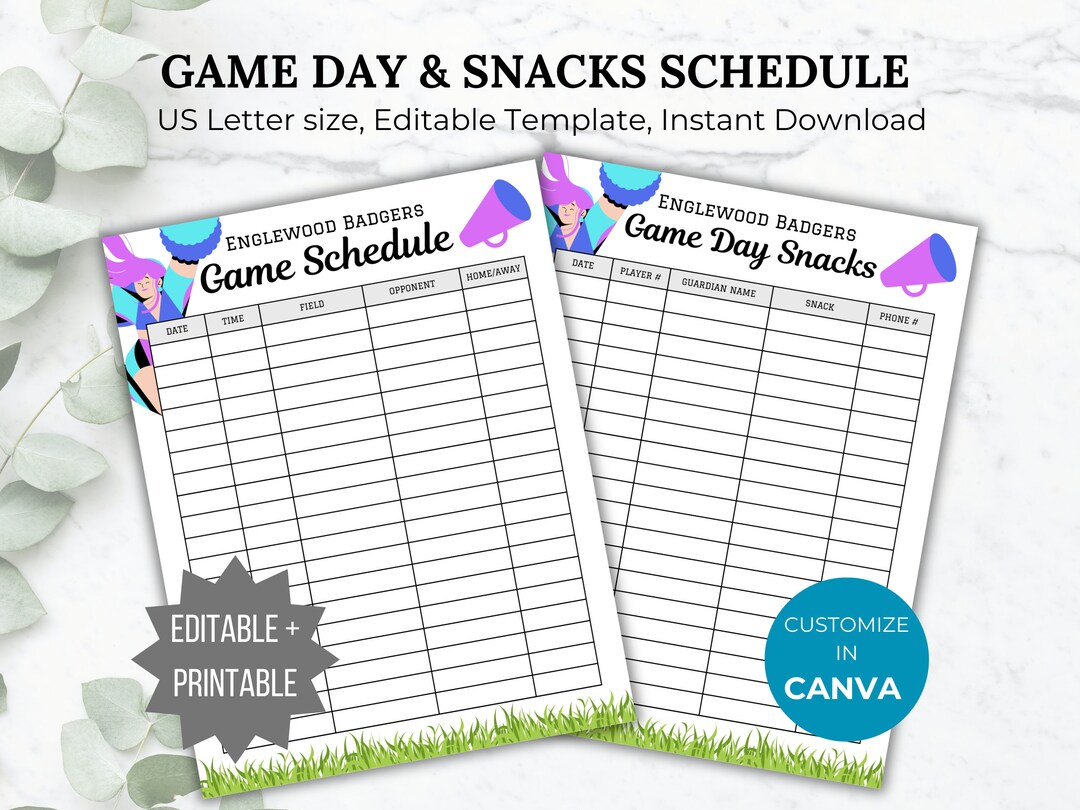 Cheer Game Schedule & Snack Schedule Template Bundle Cheer Snack Sign ...