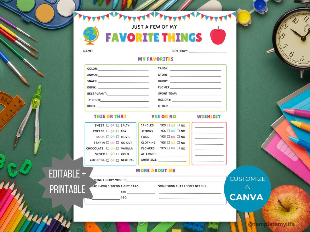 Teacher Favorites List Printable Teacher Survey Back to School Teacher ...