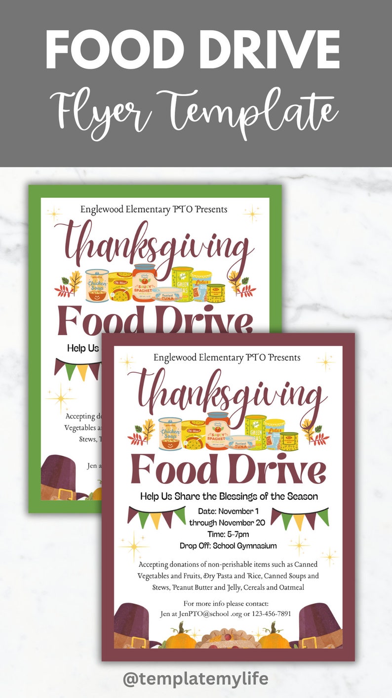 Thanksgiving Food Drive Flyer Template PTO Charity Flyer Editable ...