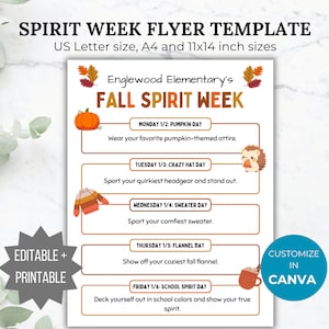 PTA Fall Spirit Week Flyer Printable PTO School Spirit Flyer Editable ...