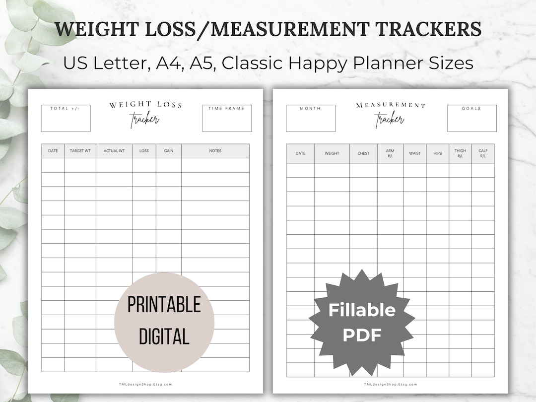 Weight Loss Tracker Body Measurement Chart Fitness Planner Printable ...