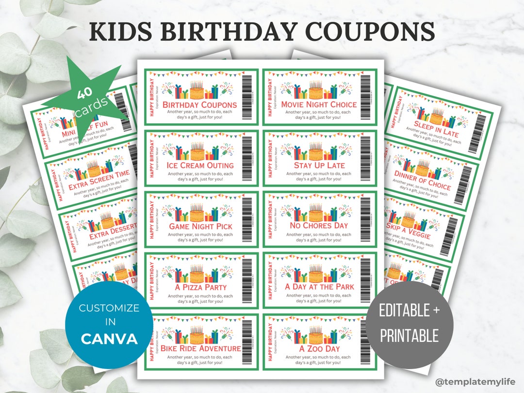 Birthday Coupon Book for Kids Birthday Gift Voucher Printable Kids ...