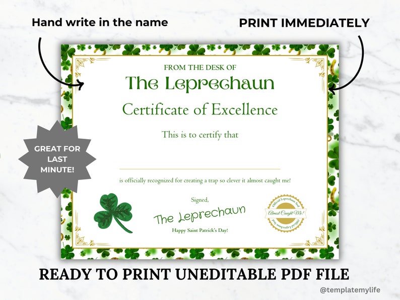 Leprechaun Trap Printable Certificate Leprechaun Gift St Patricks Day ...