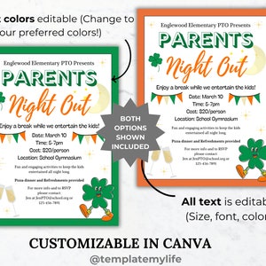St Patricks Day Parents Night Out Flyer Template PTO School Fundraiser ...
