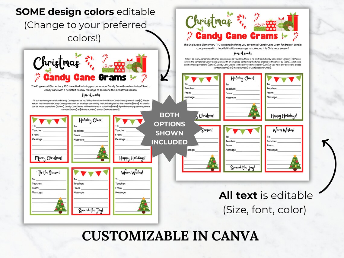 Christmas Candy Cane Gram Flyer PTO Template Holiday Candy Gram ...