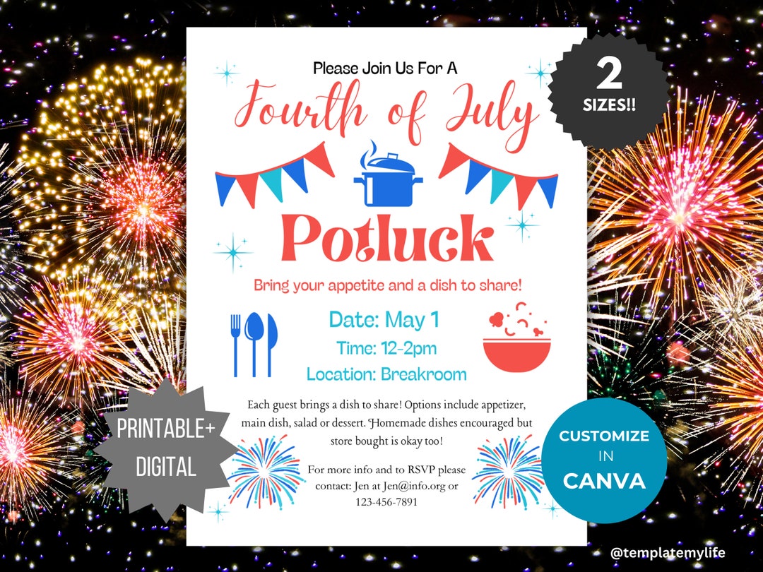 Fourth of July Potluck Invitation Template Dinner Party Flyer Office ...