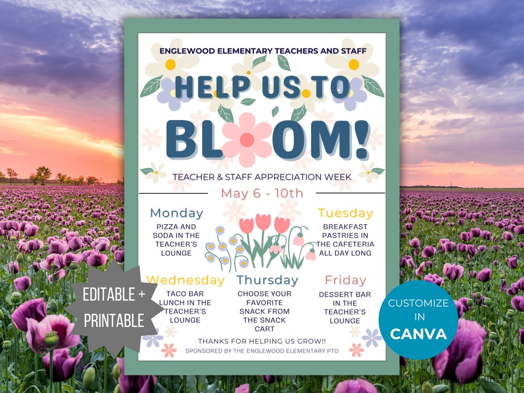 Teacher Appreciation Week Schedule Flyer Spring Bloom School Staff ...