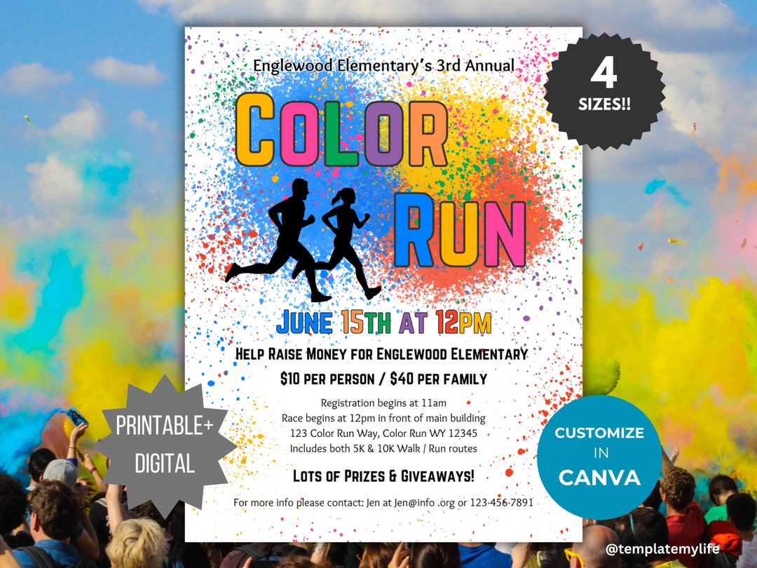 Color Run Flyer Invite Printable Poster Business Fundraiser Flyer ...