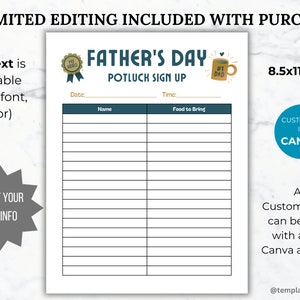 Fathers Day Potluck Invitation Template Potluck Sign up Sheet Bundle ...