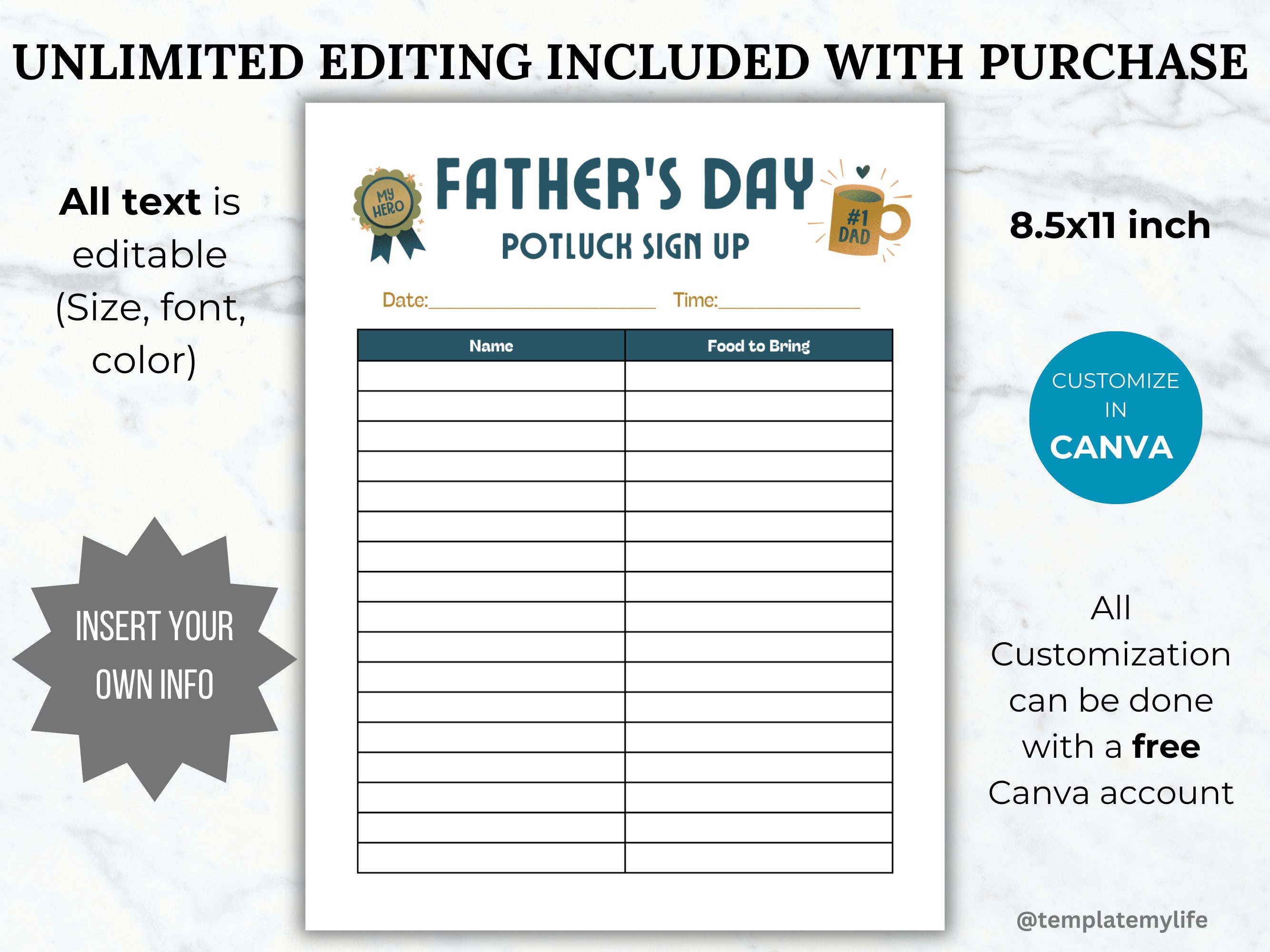Fathers Day Potluck Flyer Template Potluck Sign up Sheet Bundle Dinner ...