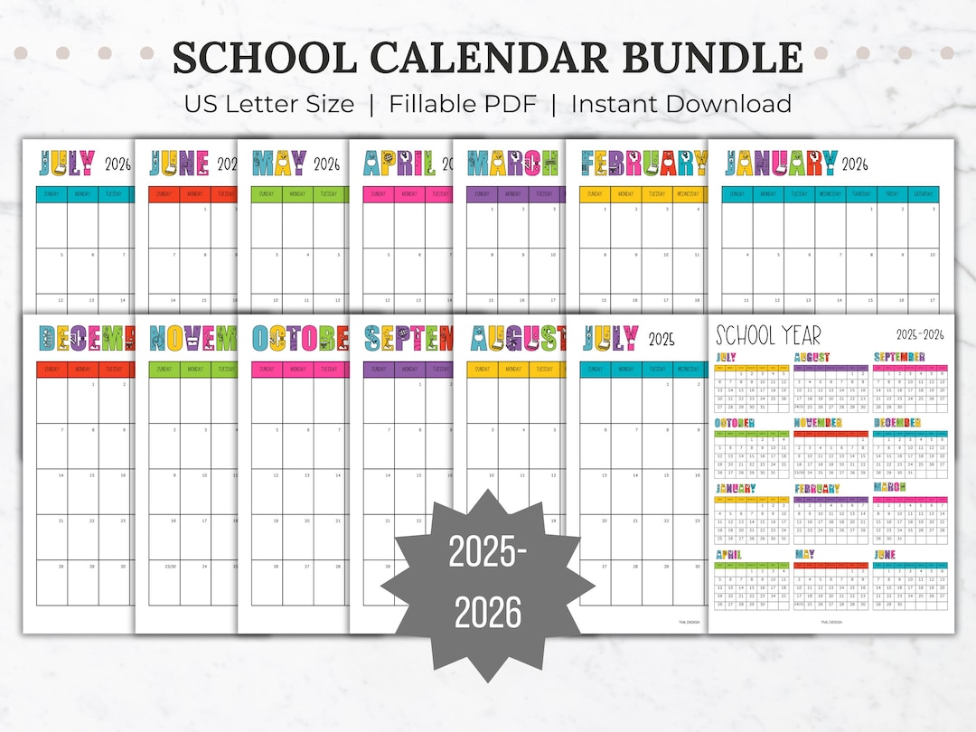 2025-2026 School Year Calendar Printable Monthly Calendar Bundle Year ...