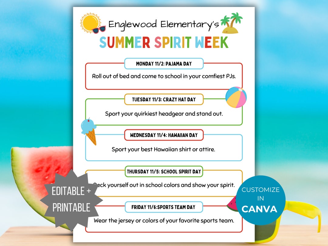 Summer Spirit Week Flyer Printable School Spirit Flyer Editable Pto ...