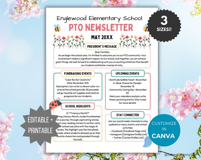 Editable April PTO PTA Newsletter Flyer Printable, School Year Parent ...