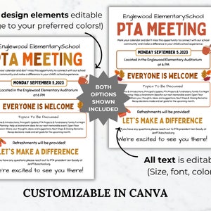 Fall PTA Meeting Flyer Printable PTO Fall Meeting Flyer Editable ...
