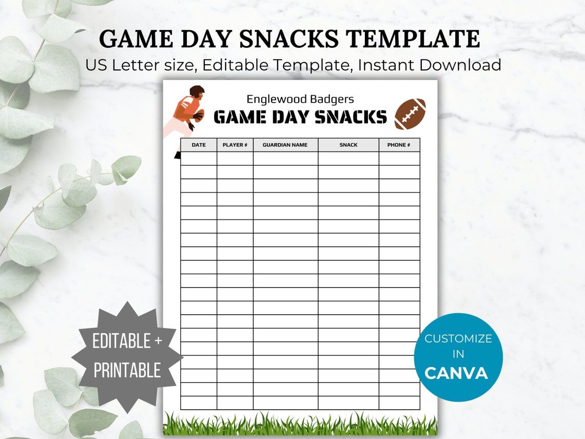 Football Snacks Schedule Template Football Snack Sign up Sheet - Etsy