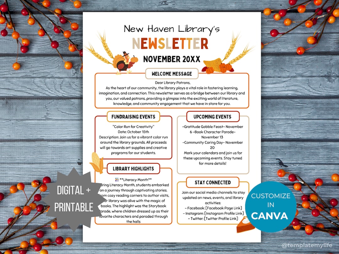 Thanksgiving Newsletter Flyer Printable Community Fall Newsletter ...