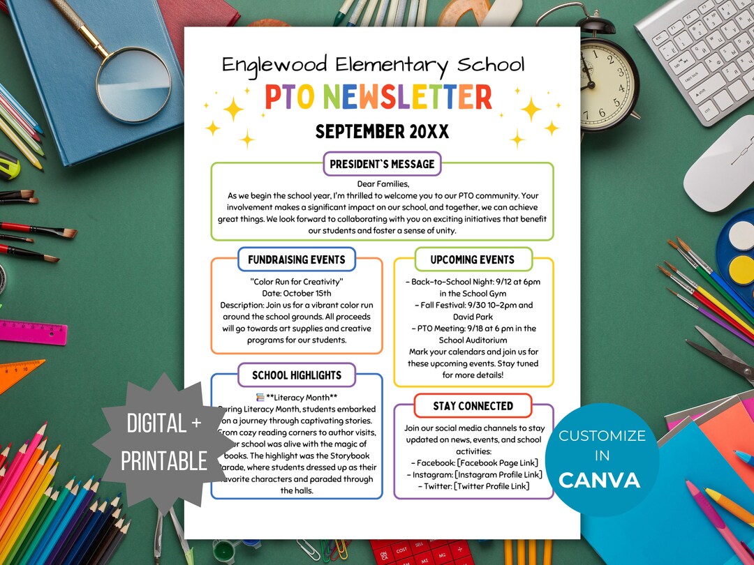 PTA Newsletter Template PTO Newsletter Handout Editable School ...