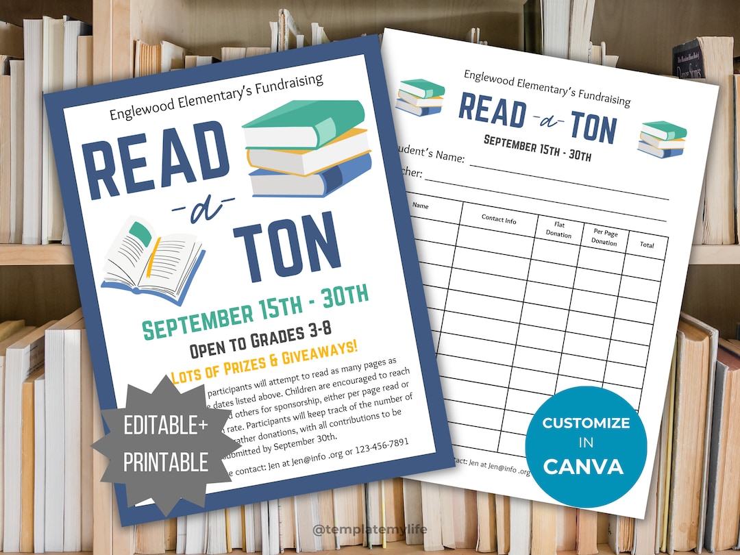 Reading Fundraiser Flyer Pledge Donation Form Book Log Bundle School ...