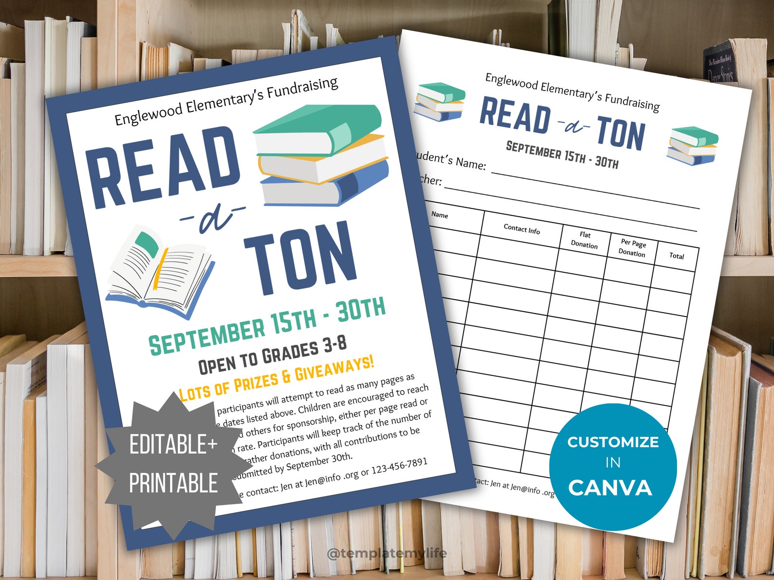Reading Fundraiser Flyer Pledge Donation Form Book Log Bundle School ...
