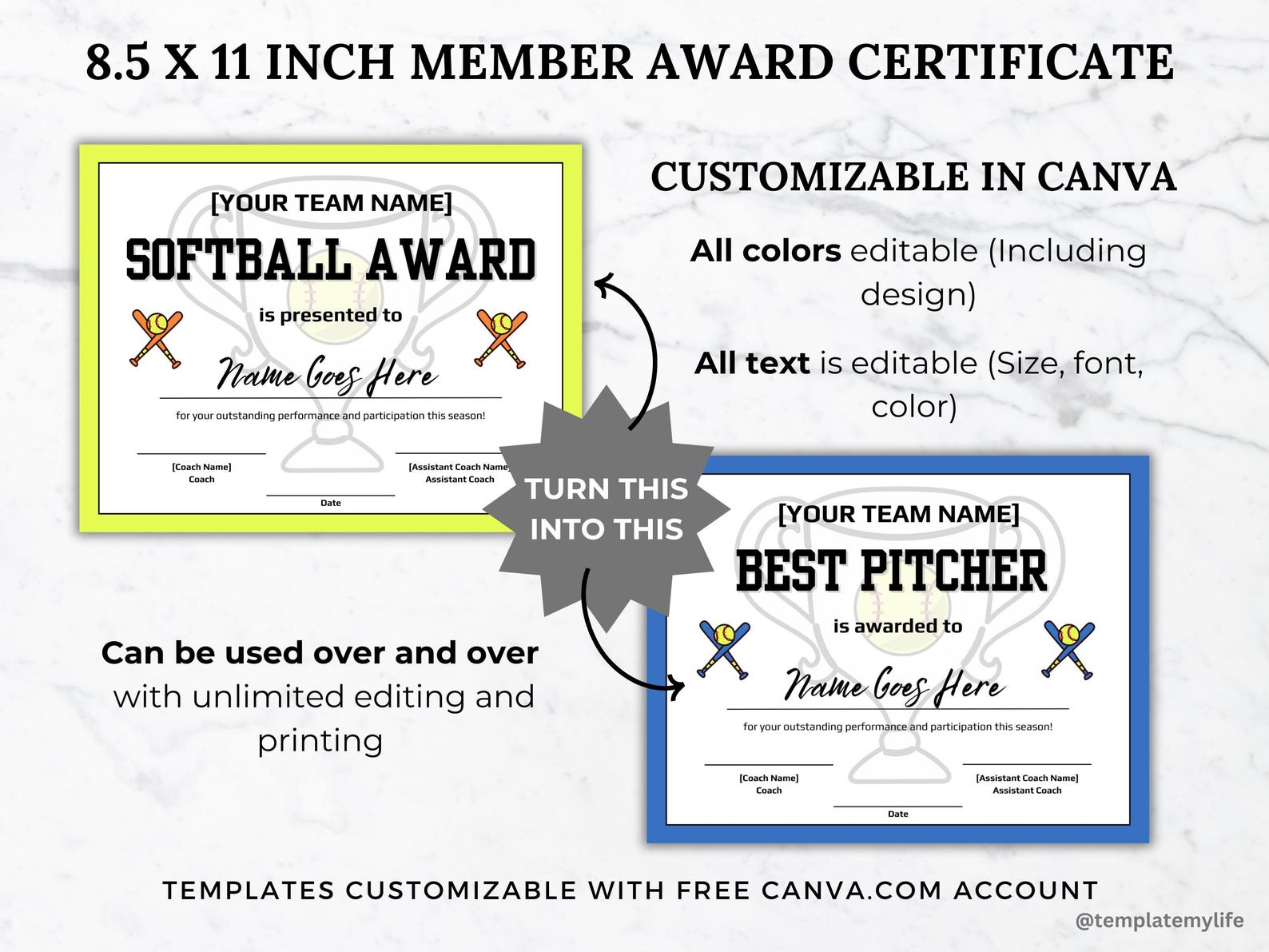 Modèle de certificat de récompense de softball modifiable Modèle de ...