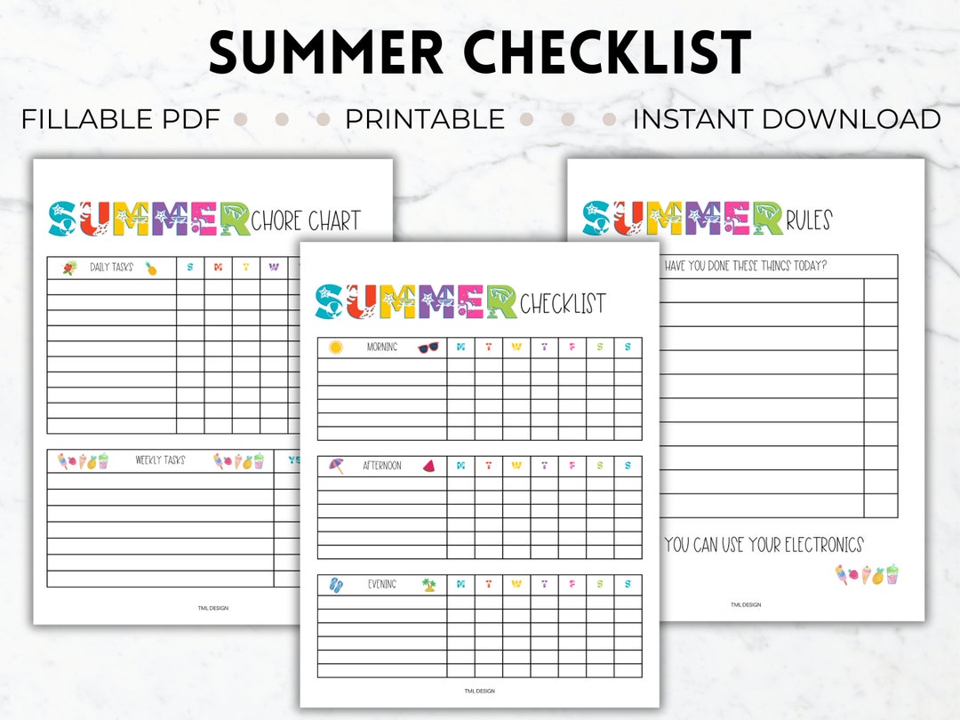 Printable Summer Daily Checklist Editable Chore Chart for Kids - Etsy