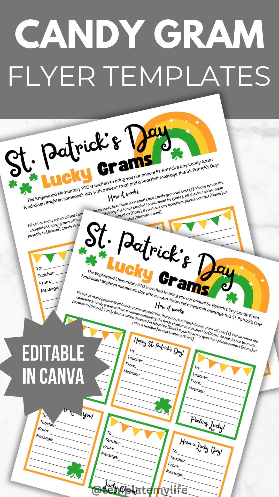 St Patricks Day Lucky Gram Flyer PTO Template St Paddy Candy Gram ...