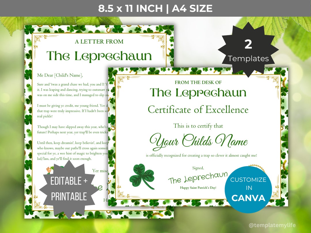Customizable St Patricks Day Letter Leprechaun Trap Certificate ...