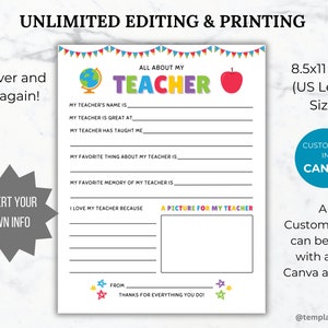 Teacher Appreciation Week Template All About My Teacher Printable ...