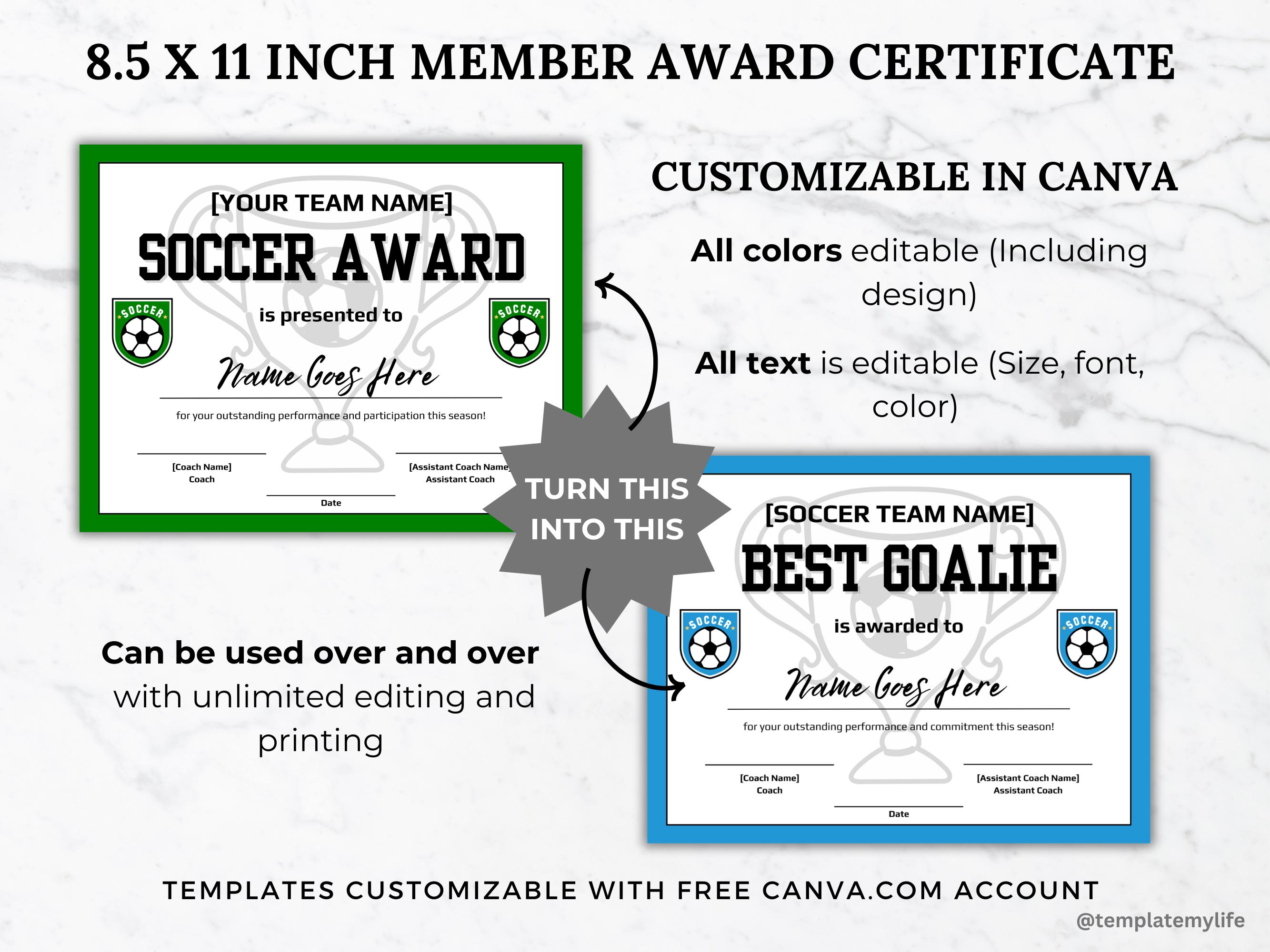 Modèle de certificat de récompense de football modifiable Modèle de ...