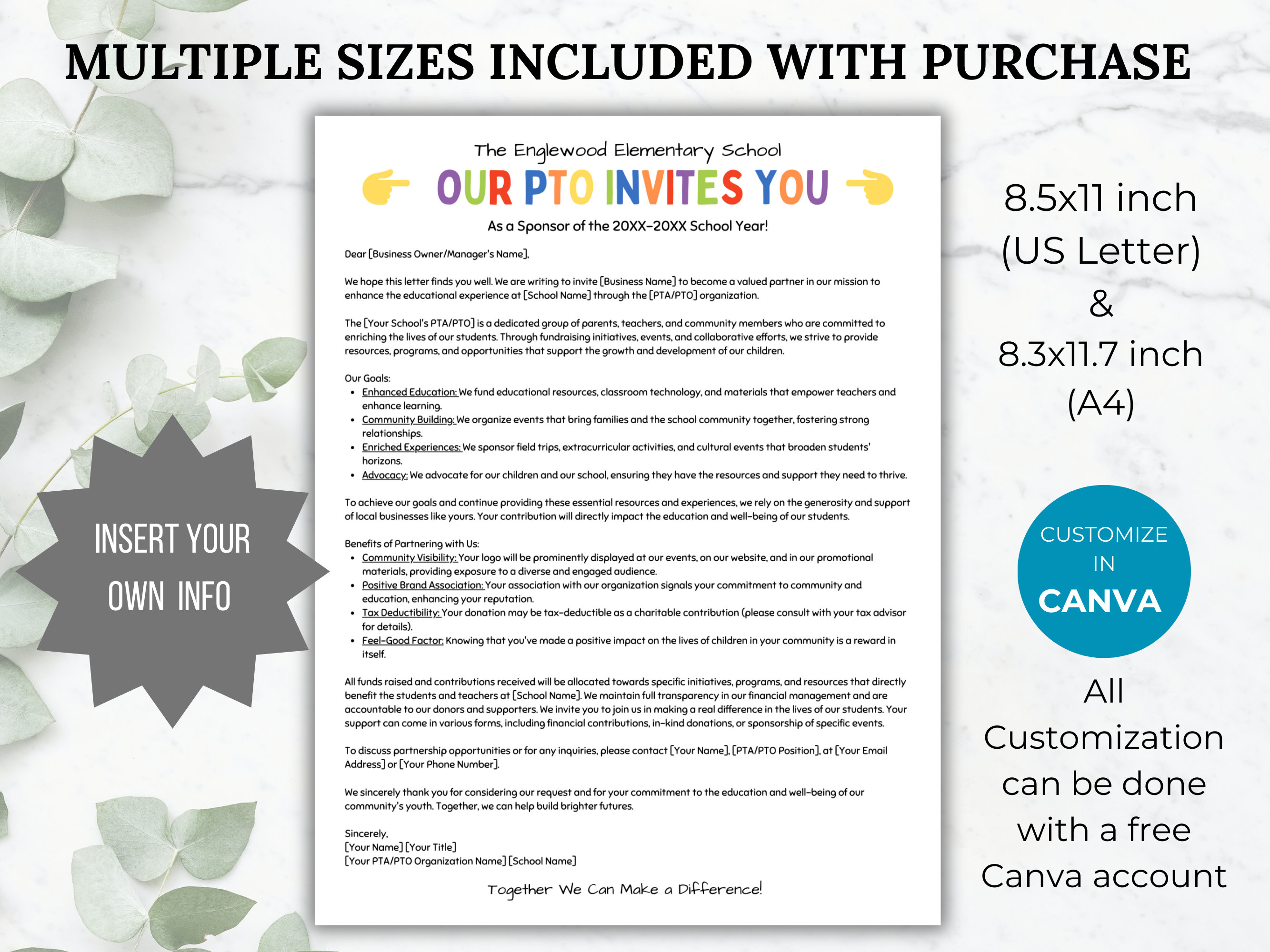Donation Letter Template PTO Business Sponsor Invite PTA Letter ...