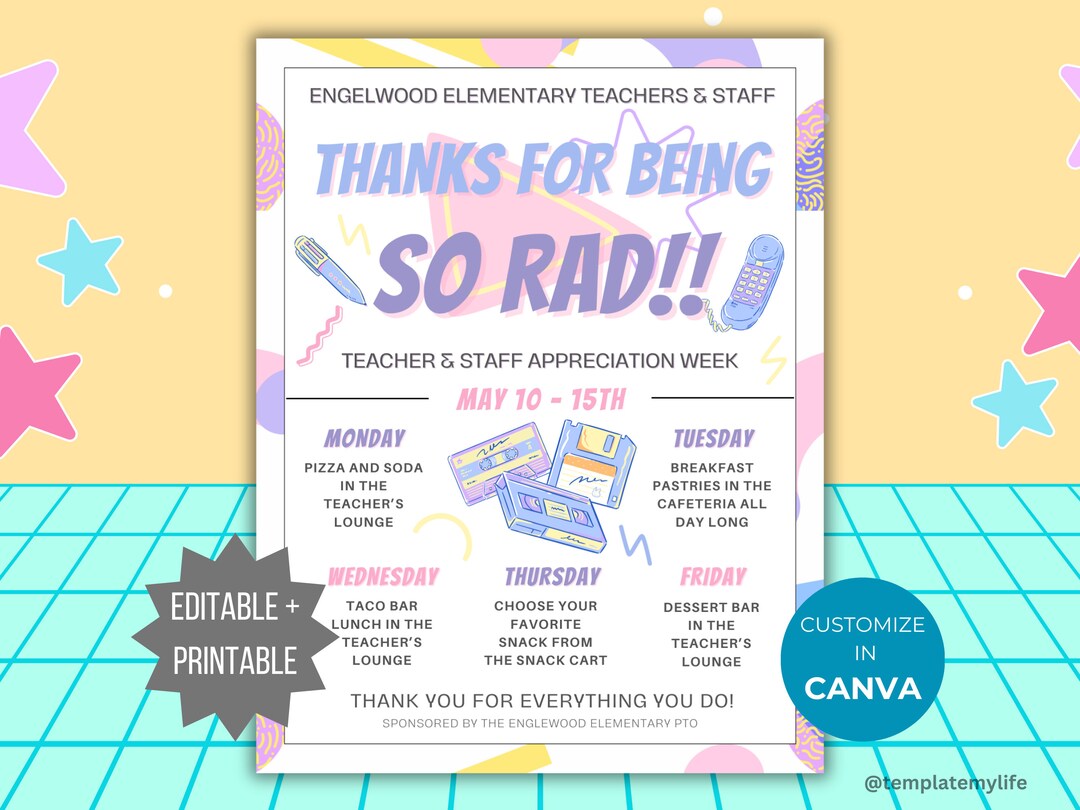 90s Theme Teacher Appreciation Week Flyer PTO School Event Staff ...