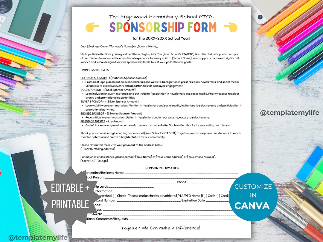 PTA Sponsorship Form Printable PTO Sponsorship Letter Editable Business ...