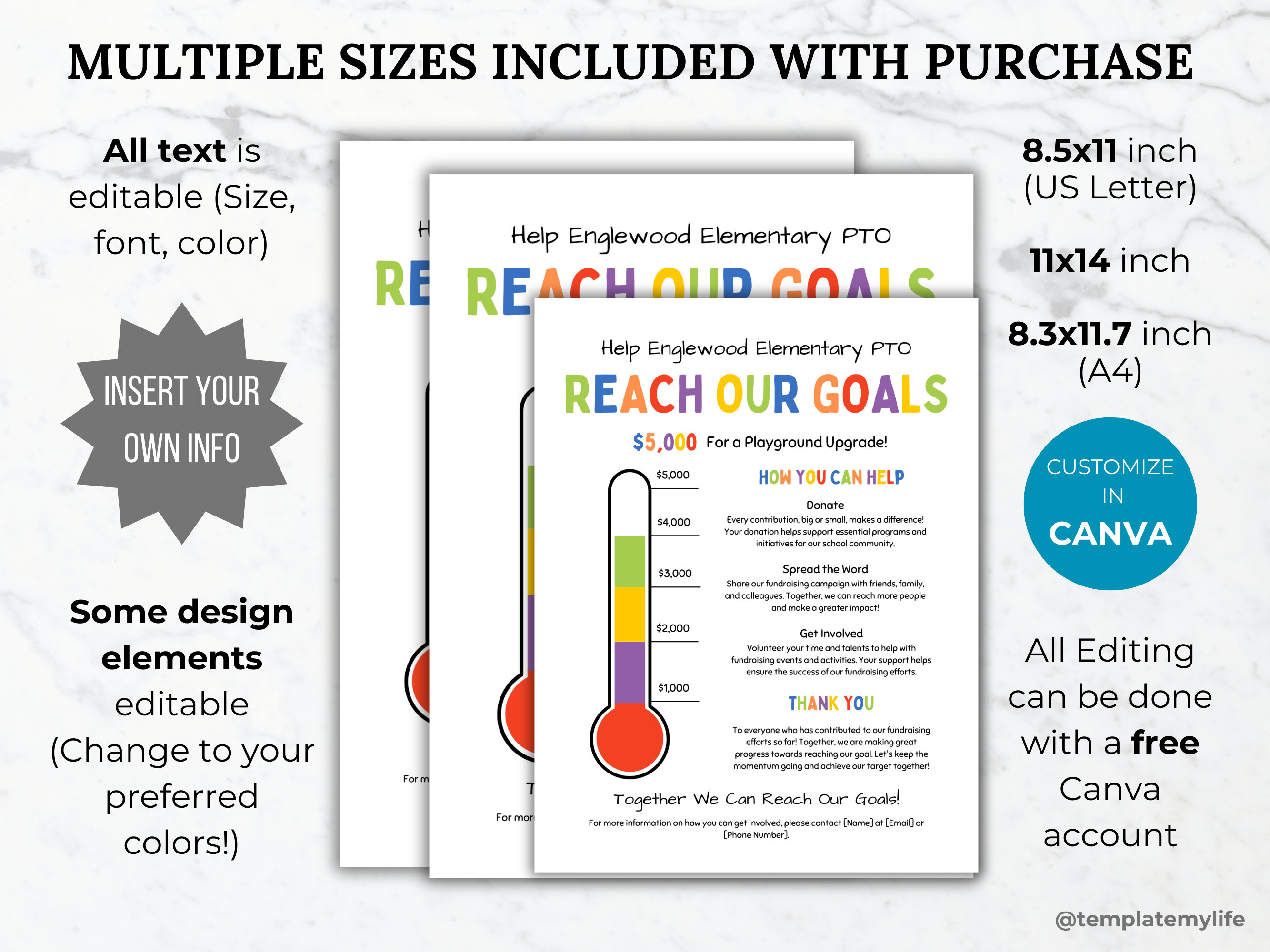 Fundraising Goal Tracker PTA Flyer Fundraiser Thermometer Template PTO ...