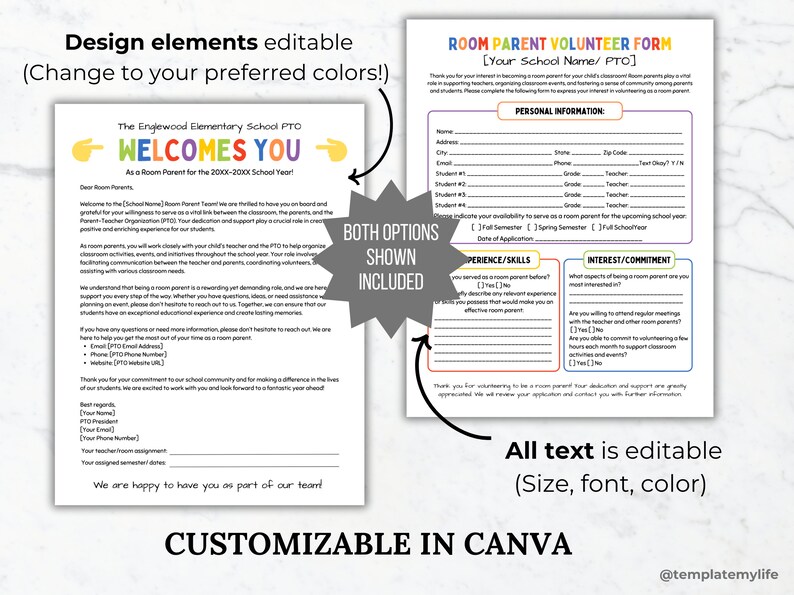 PTA Room Parent Flyer Printable PTO Room Parent Form Editable Template ...