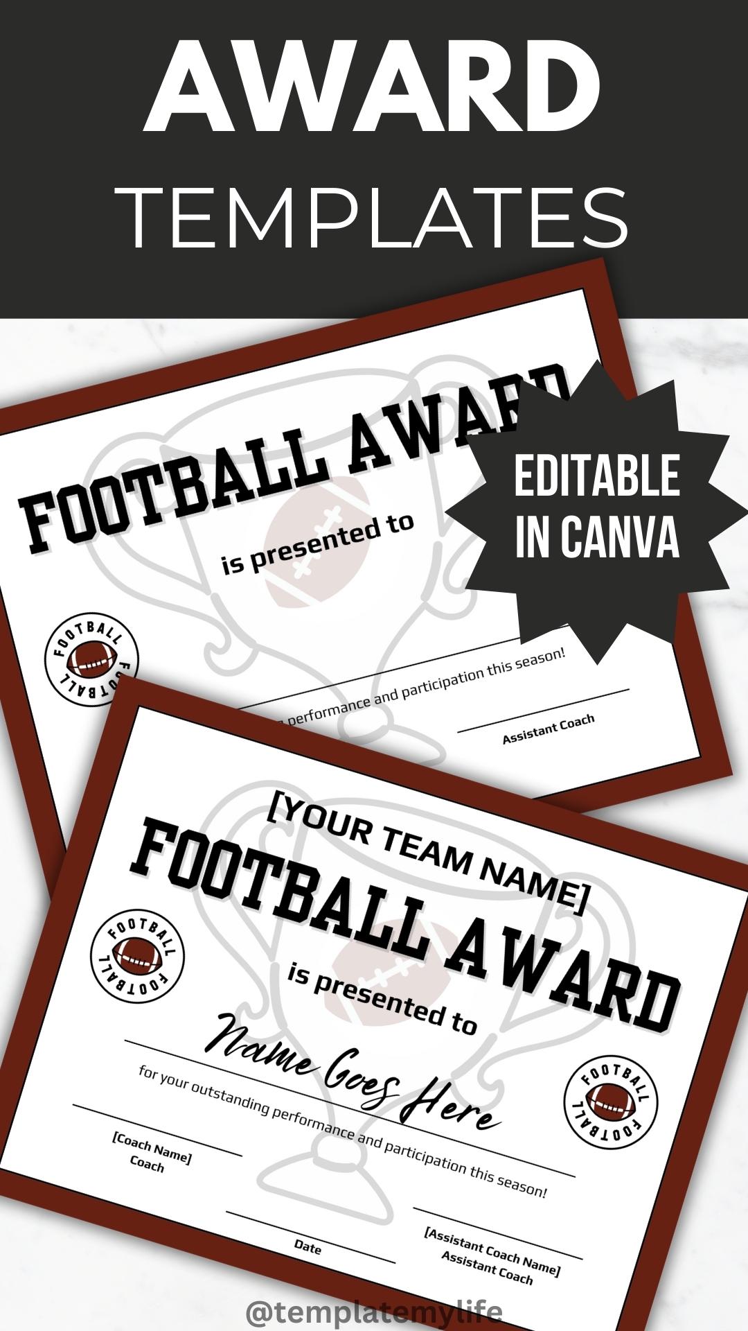 Editable Football Award Certificate Template Player Participation Gift ...