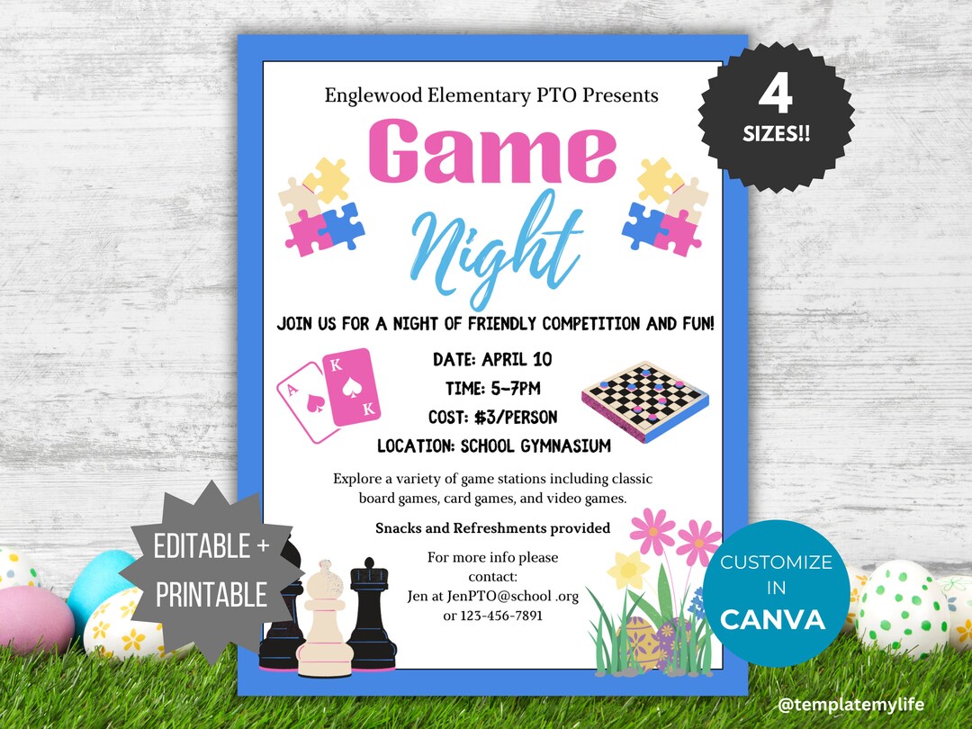 Spring Game Night Invitation PTO Template School Fundraiser PTA Flyer ...