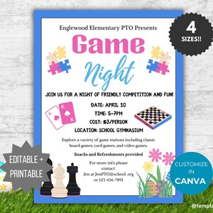 Spring Game Night Invitation PTO Template School Fundraiser PTA Flyer ...
