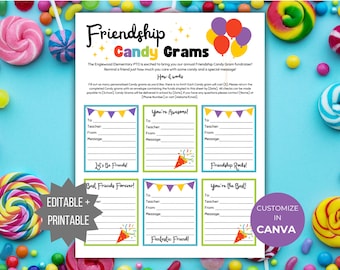 Friendship Candy Grams for PTO/PTA School Event Editable and Printable ...