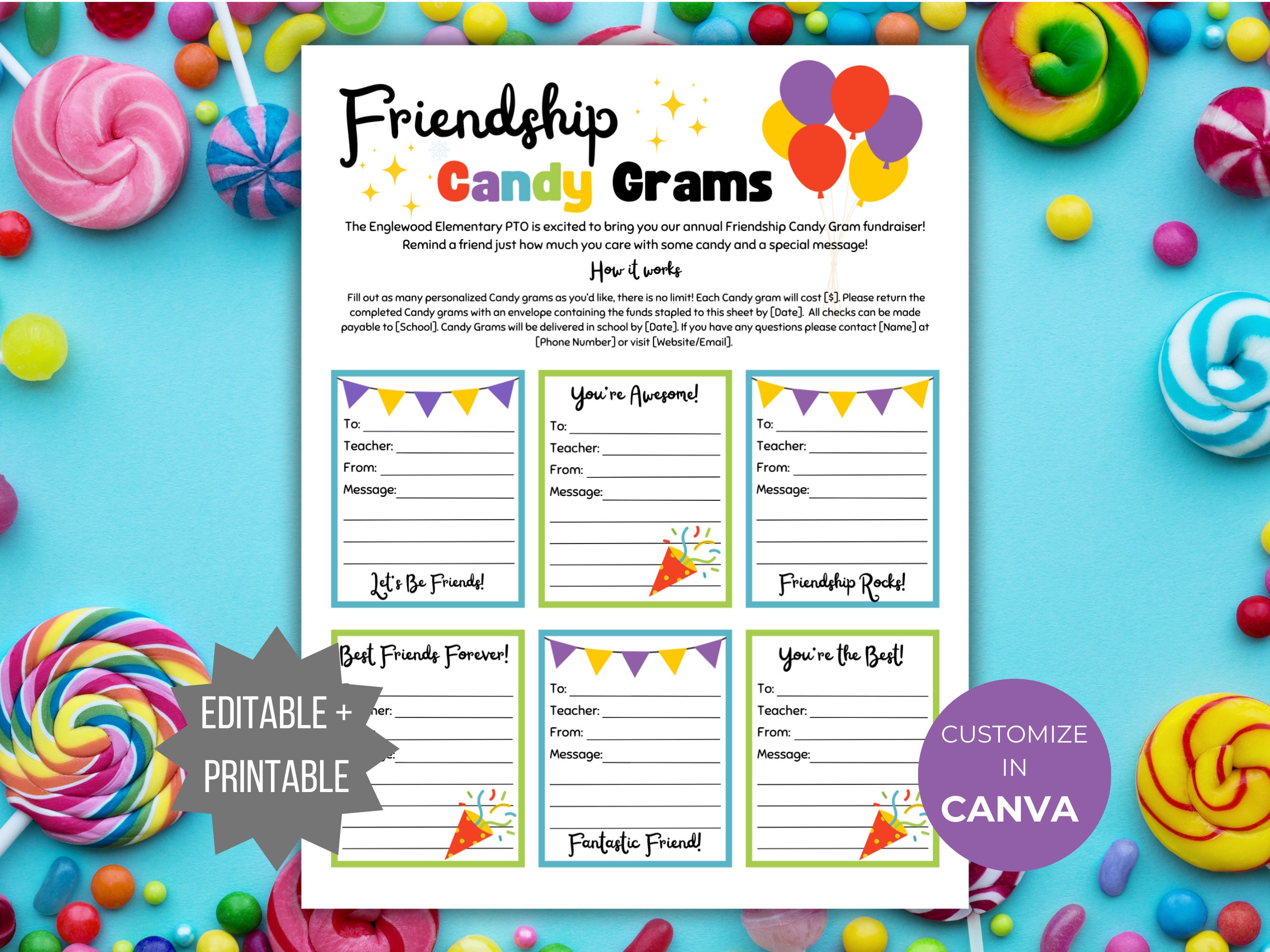 Friendship Candy Gram Flyer PTO Template Editable Candy School ...
