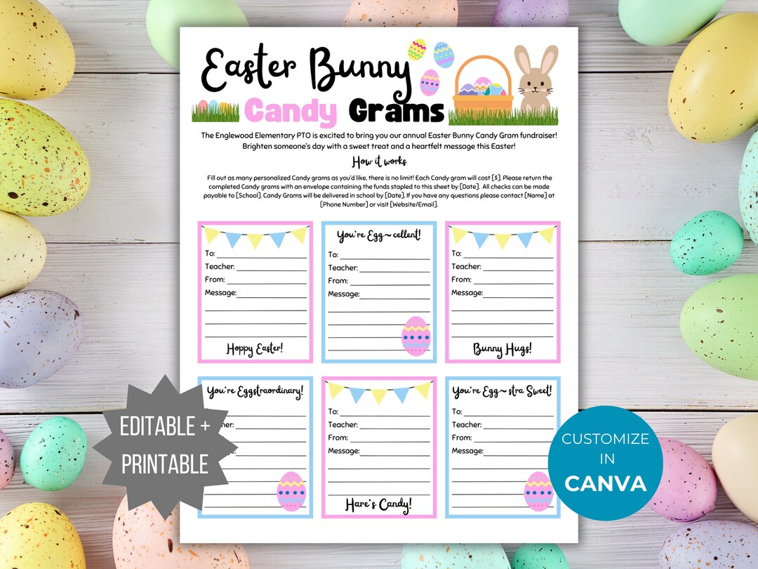 Easter Bunny Candy Gram Flyer PTO Template Church Spring Candy Gram ...