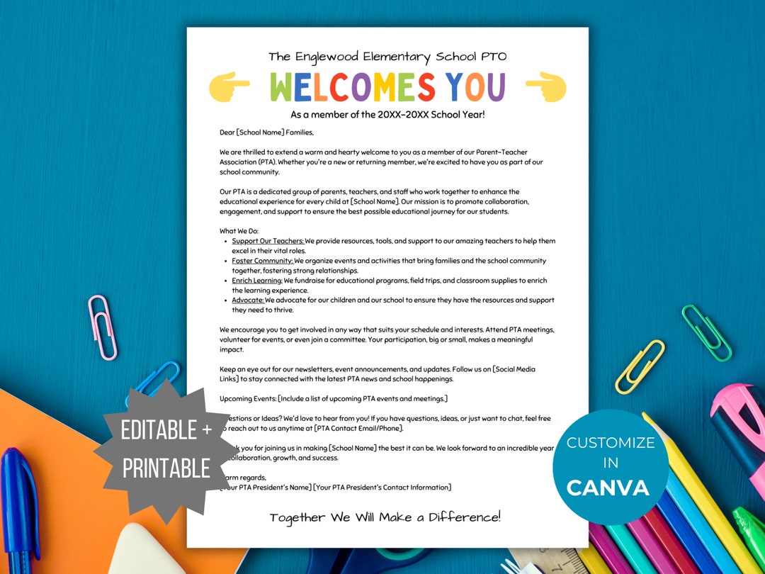 Welcome to the PTA Letter Template PTO Welcome Letter to Parents ...