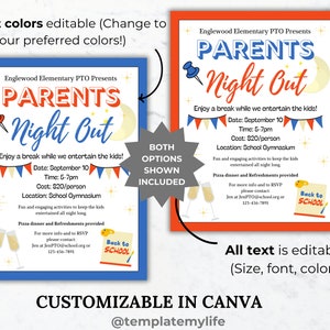 Back to School Parents Night Out Flyer Template PTO School Fundraiser ...