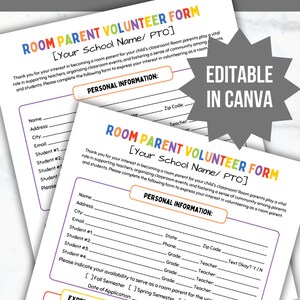 Editable PTO Room Parent Form Template PTA Room Parent Volunteer Sign ...